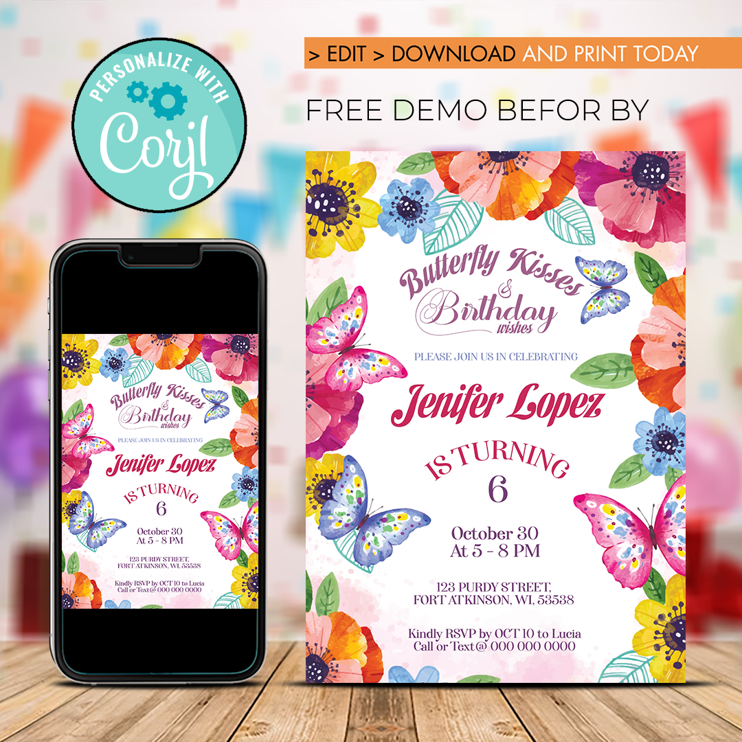 Editable Butterfly Birthday Invitation, Girl Birthday Invita | Inspire ...
