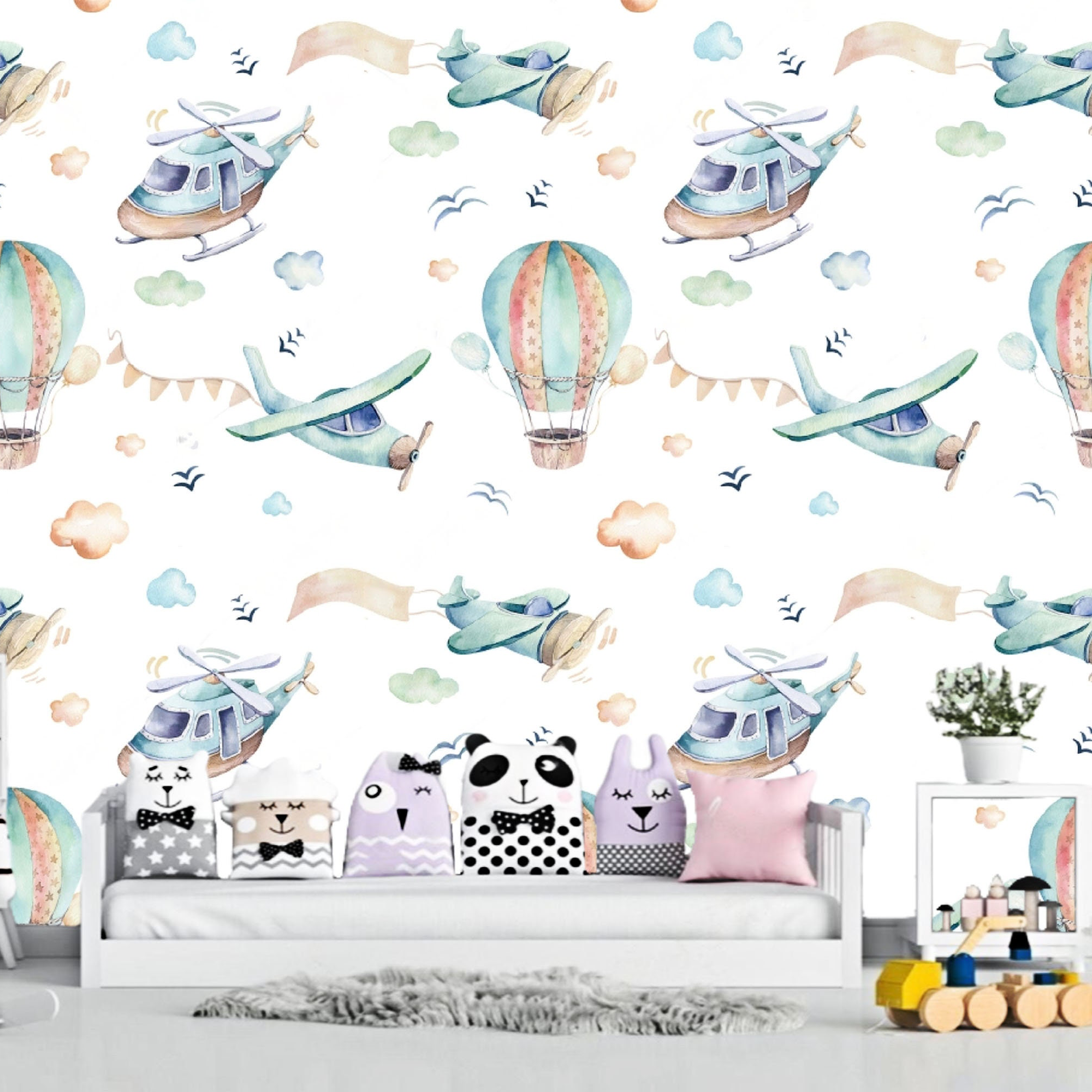 child's bedroom wallpaper Airplanes with Balloons cartoon wa | Inspire ...