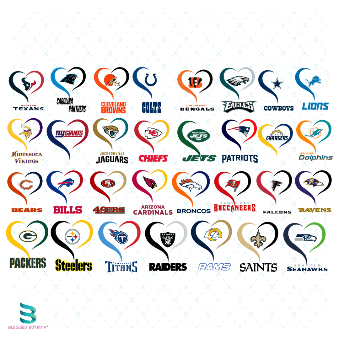 NFL 32 Team Heart Logo Bundle Svg, Sport Svg, NFL Svg, Heart - Inspire ...