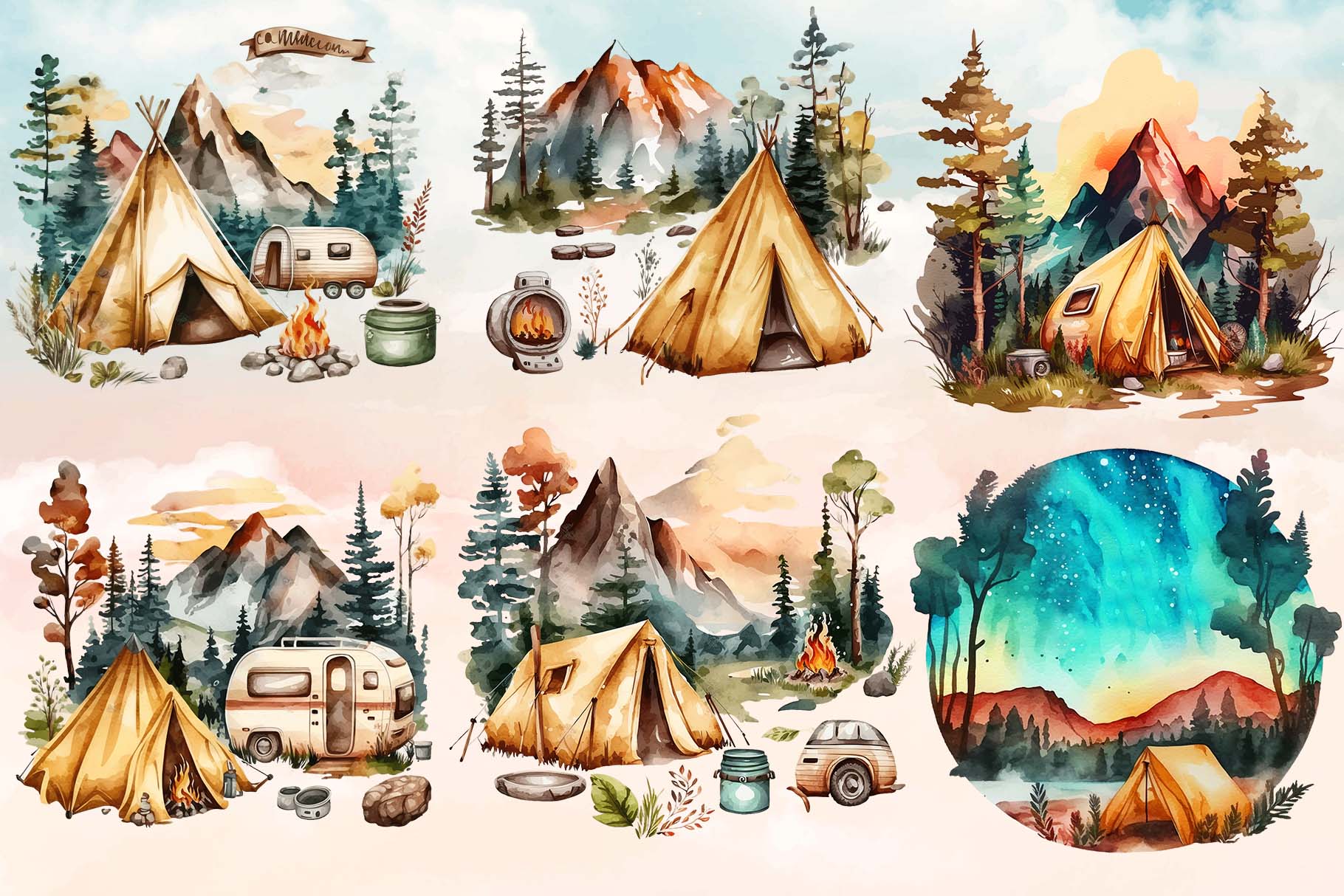Watercolor Camping Cliparts Bundle | Inspire Uplift