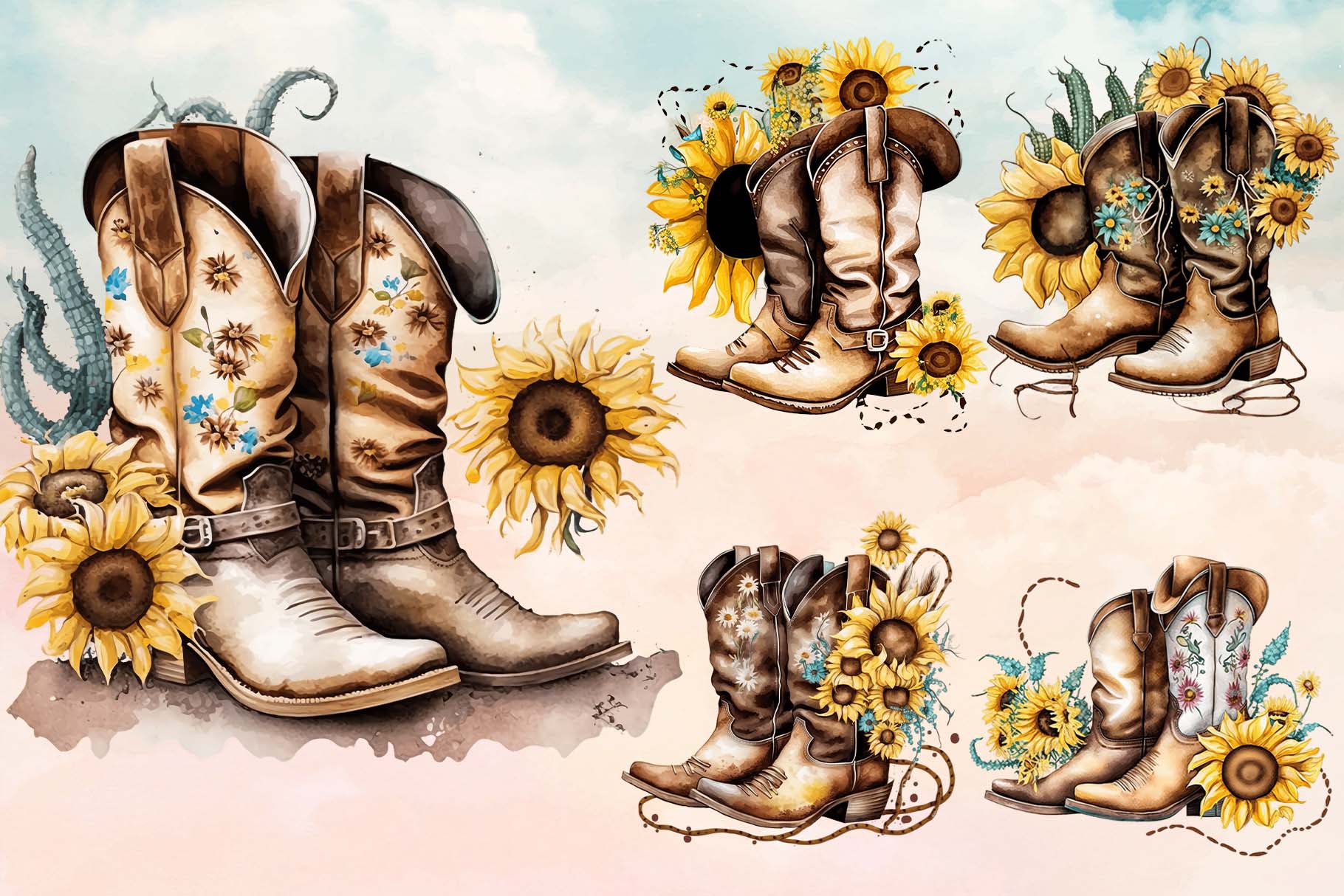 Cowboy Boots Sunflower Watercolor | Inspire Uplift