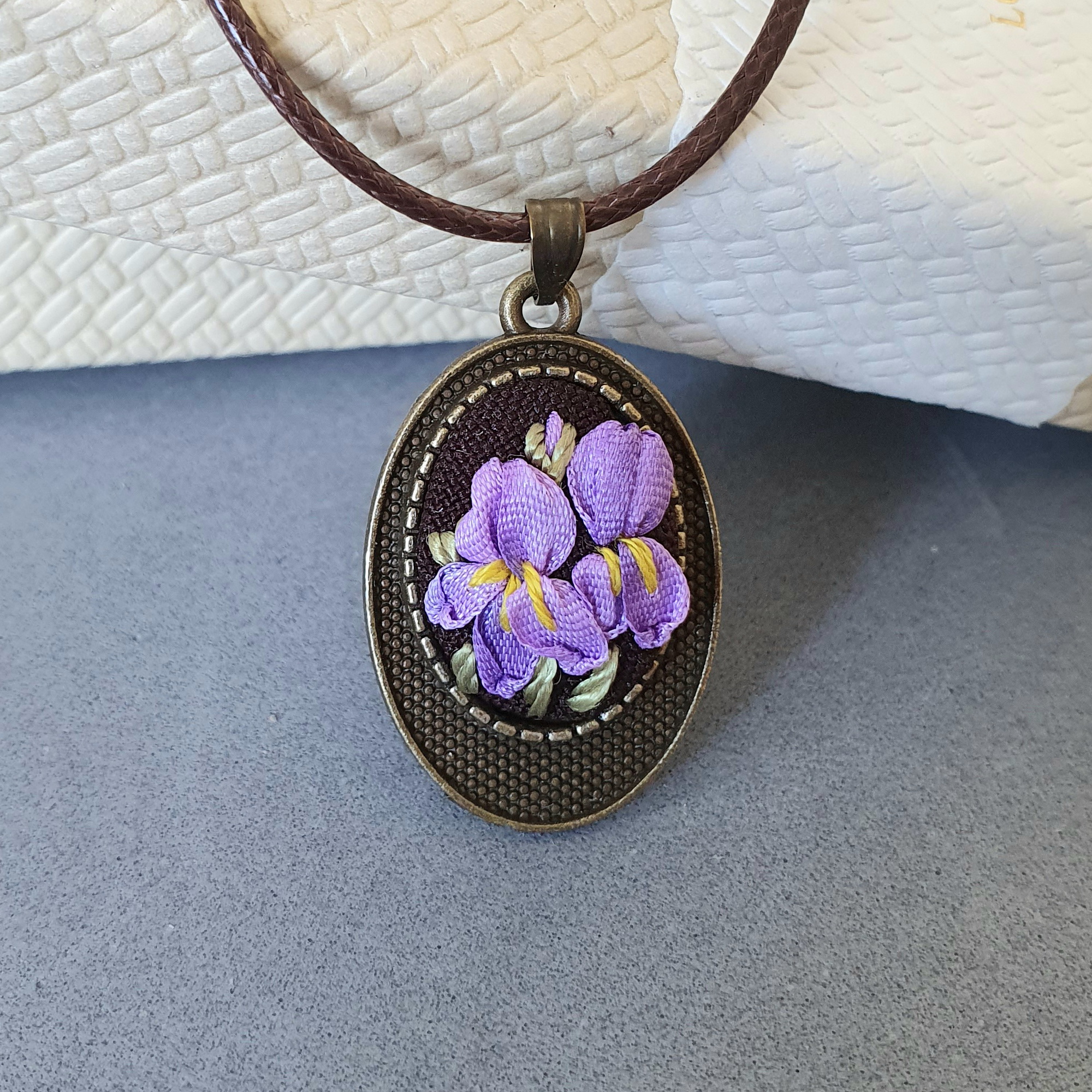 Ribbon embroidered irises on pendant, 4th wedding anniversar | Inspire ...