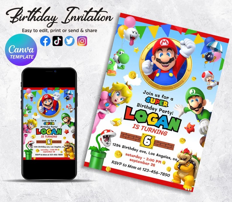Editable Birthday Invitation, Super Mario Birthday Invitatio | Inspire ...