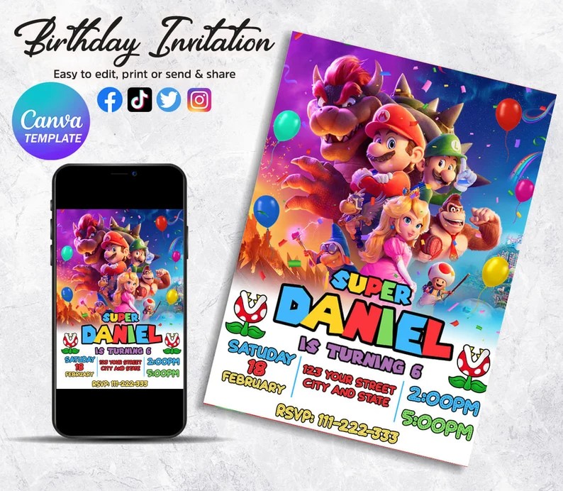 Super Mario Birthday Invitation, Editable in Canva Printable | Inspire ...