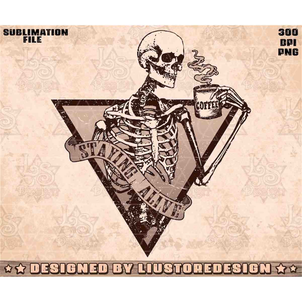 Staying Alive Png, Skeleton Drink Coffee Png, Retro Skull Pn - Inspire ...