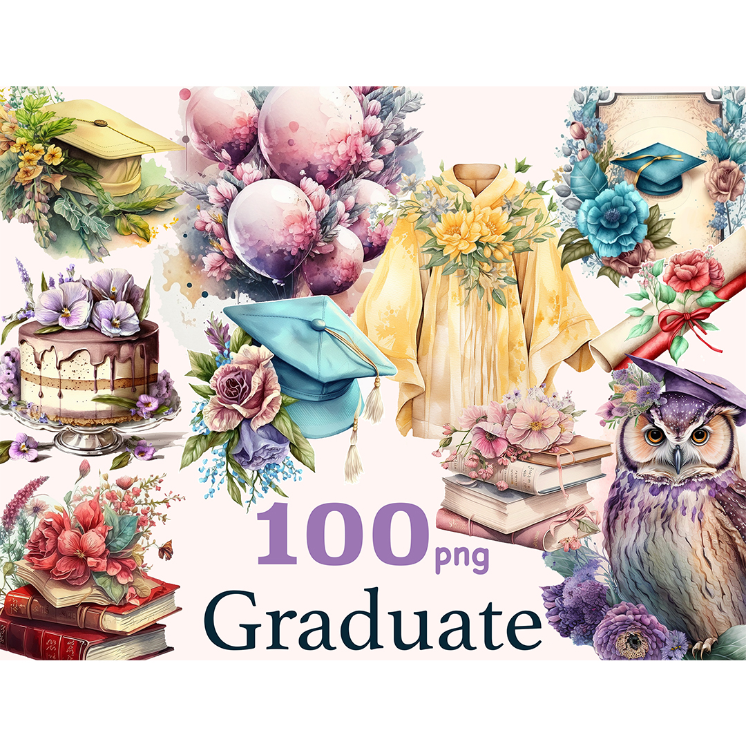 Graduation Watercolor Clipart | Flowers Graphics Bundle PNG - Inspire ...