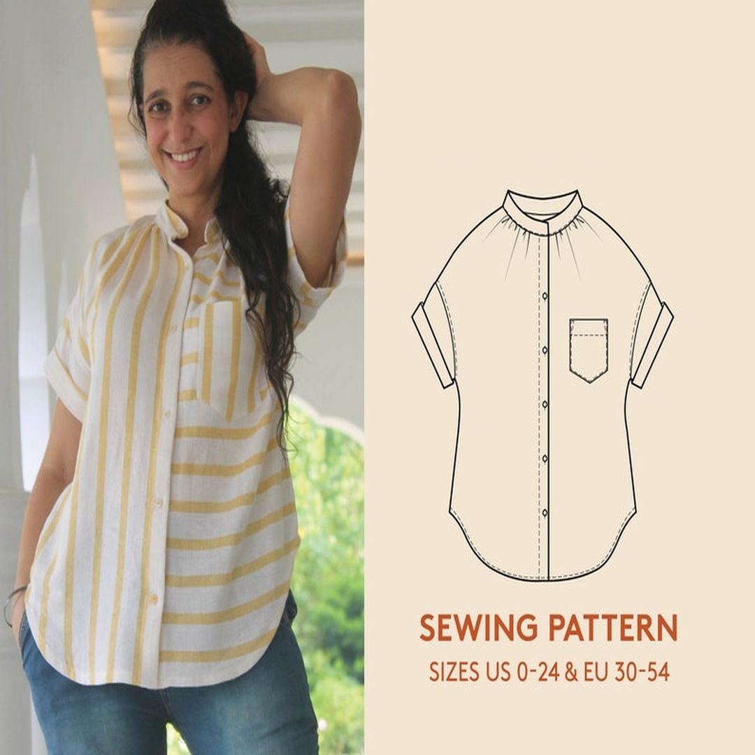 Button-up shirt PDF sewing pattern with gathers at the neckl | Inspire ...