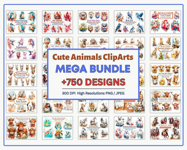 Mega Bundle Cute Animals Cliparts and Prints - Over 750 High | Inspire ...