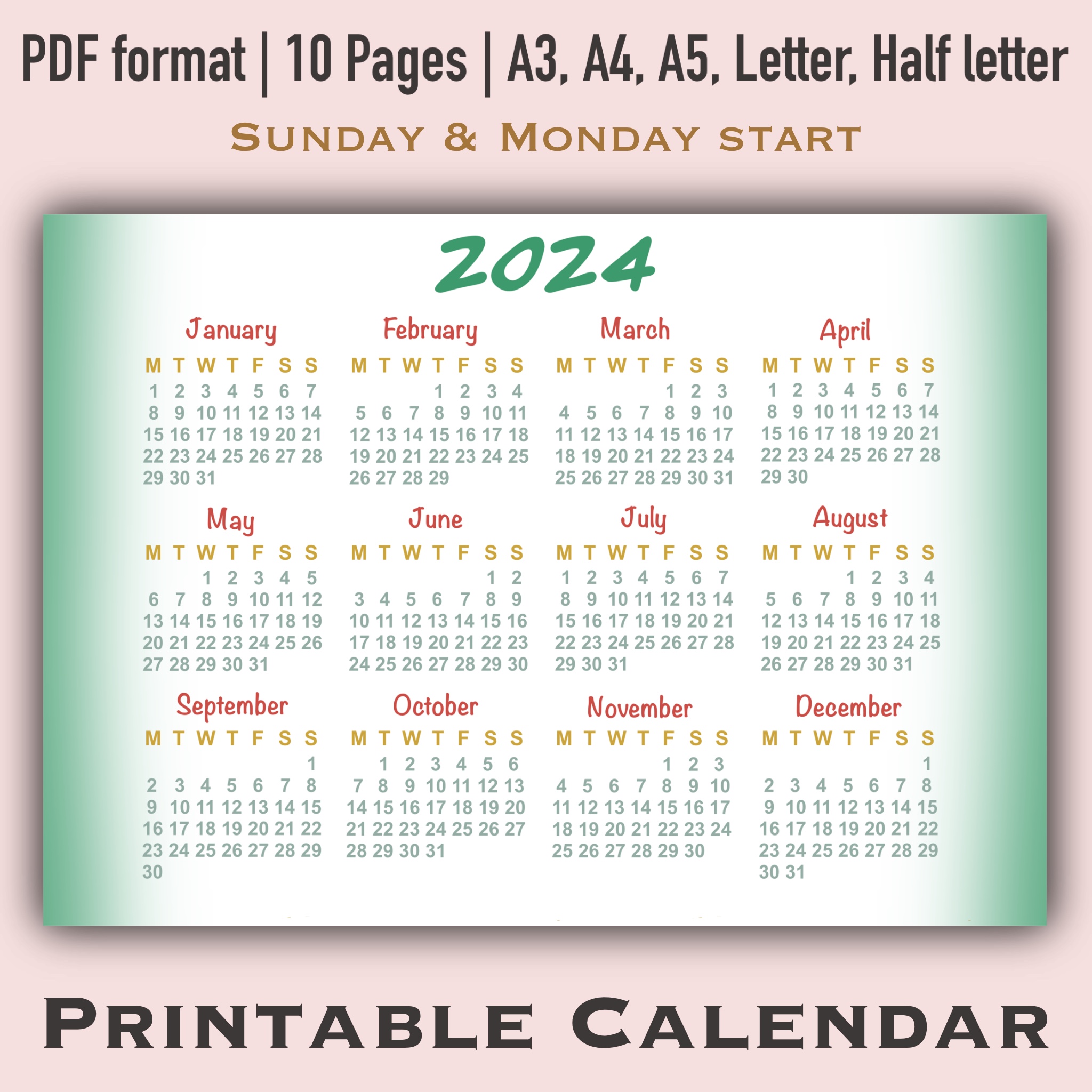 Printable Calendar, Printable Calendar 2024, Wall Calendar, | Inspire ...