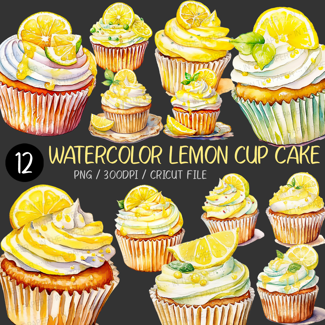 Watercolor Lemon Cup Cake Clip Art | Dessert Png | Inspire Uplift