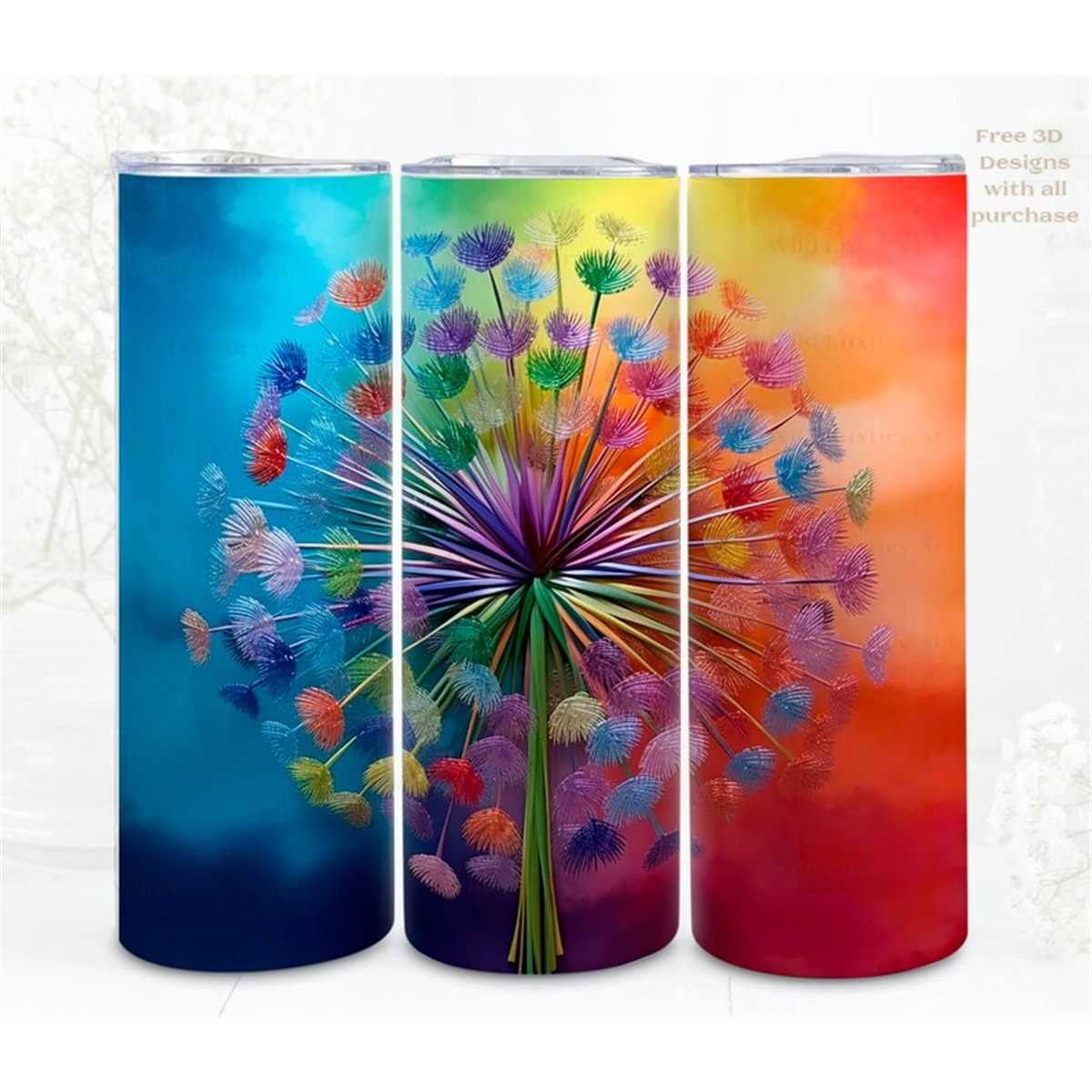 3D Flower Tumbler Wrap, Rainbow Dandelion Digital Art, Subli - Inspire ...