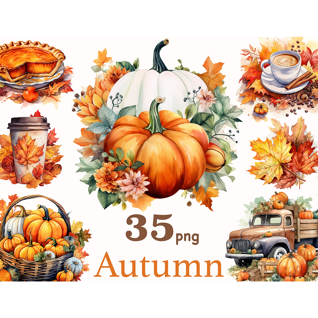 Watercolor Autumn Clipart PNG | Cozy Fall Illustration Set | Inspire Uplift