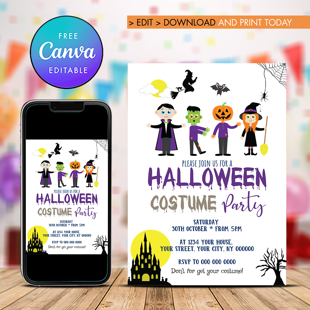 Halloween Costume Party Invitation Canva Editable Instant Do | Inspire ...