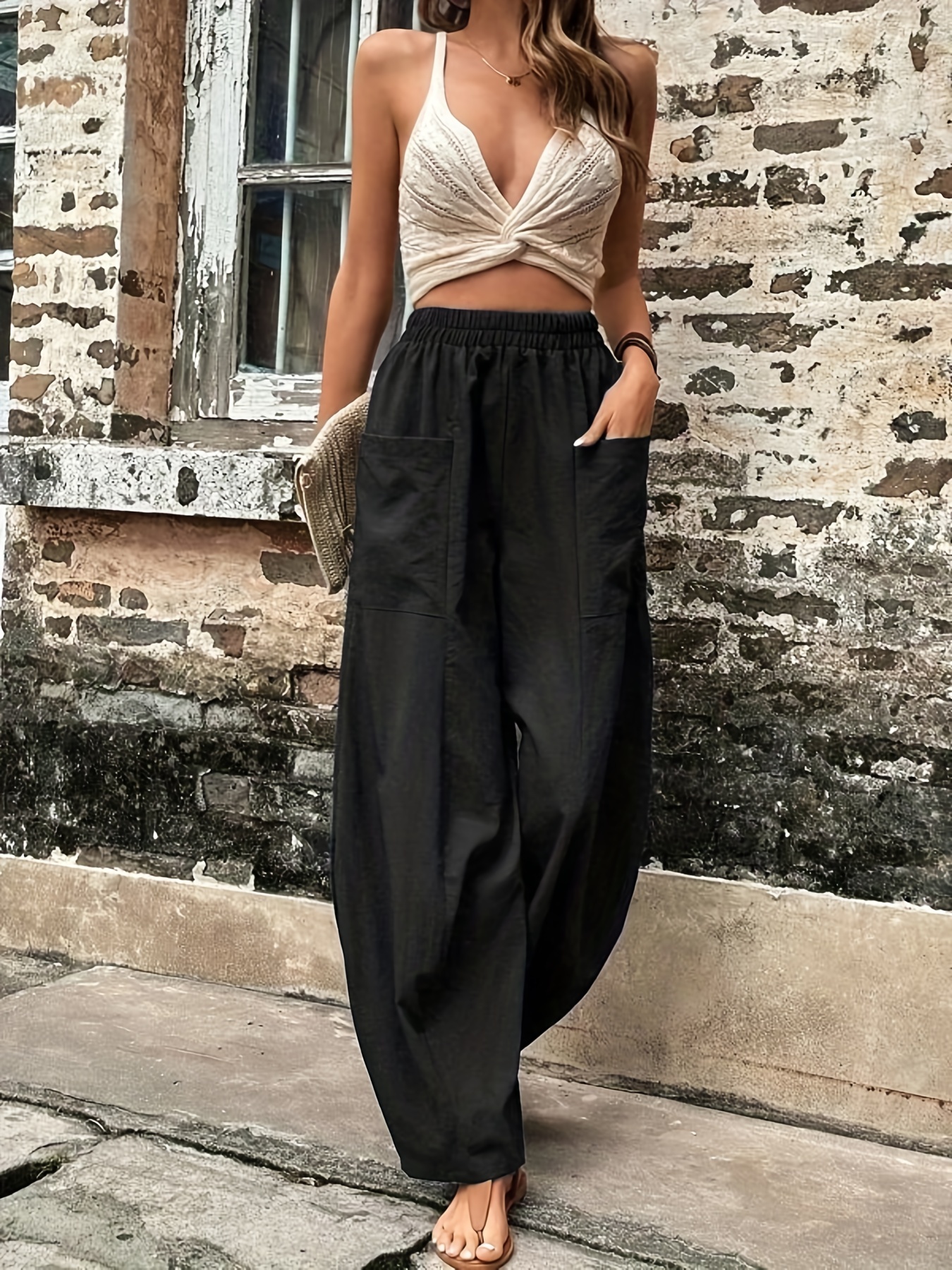 Casual Long Length Baggy Pants With Pockets,Boho Solid Elast - Inspire ...
