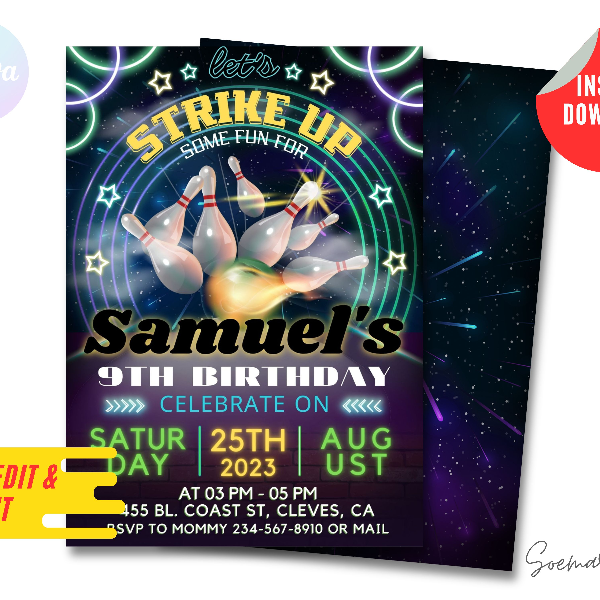 Bowling Invitation Party, Bowling Editable Invitation, Canva | Inspire ...