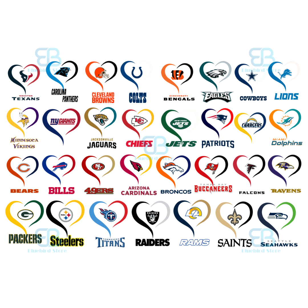 NFL 32 Team Heart Logo Bundle Svg, Sport Svg, NFL Svg, Heart | Inspire ...