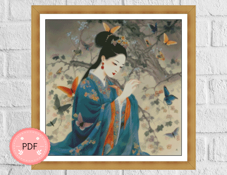 Cross Stitch Pattern,Japanese Girl With Butterflies,Asian De | Inspire ...