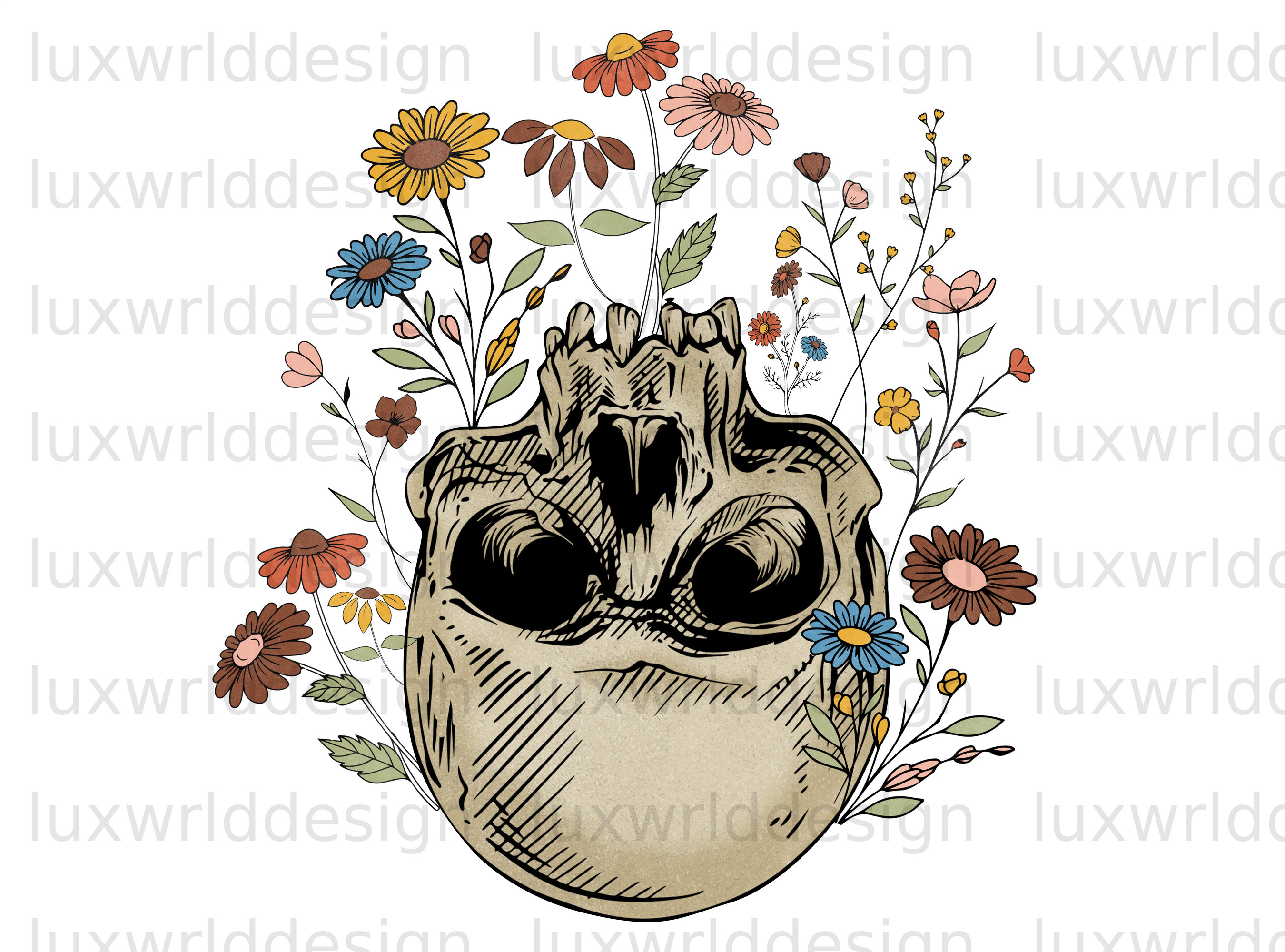 Skull Flower Retro PNG Skull png Floral Skull S | Inspire Uplift