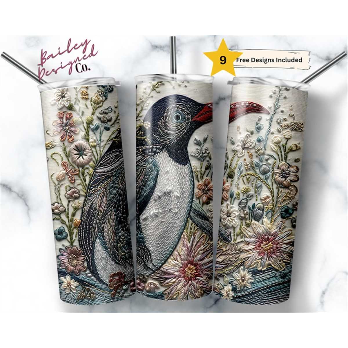Embroidered Penguin 20 oz Skinny Tumbler Sublimation Design | Inspire Uplift