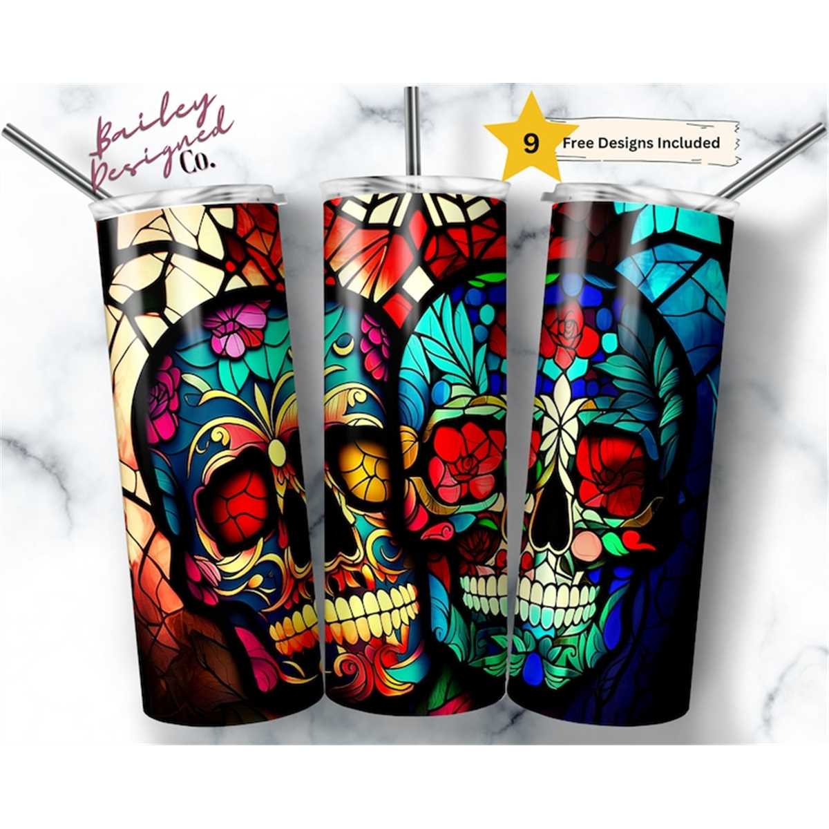 Stained Glass Sugar Skulls 20 oz Skinny Tumbler Sublimation - Inspire ...