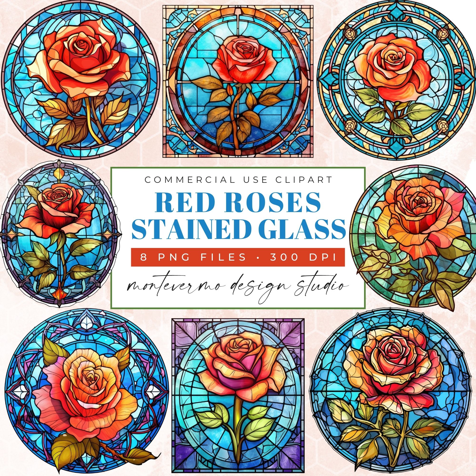 Stained Glass Red Rose Sublimation Watercolor Clipart | Inspire Uplift