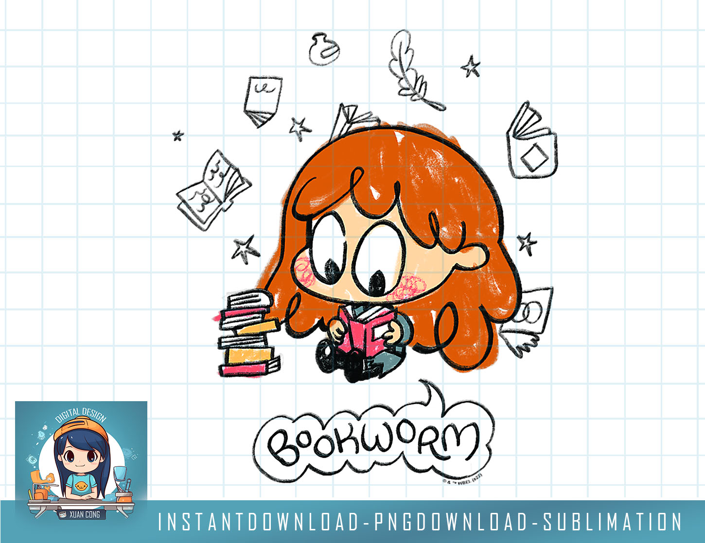 Harry Potter Hermione Granger Book Worm Cartoon png, sublima | Inspire ...