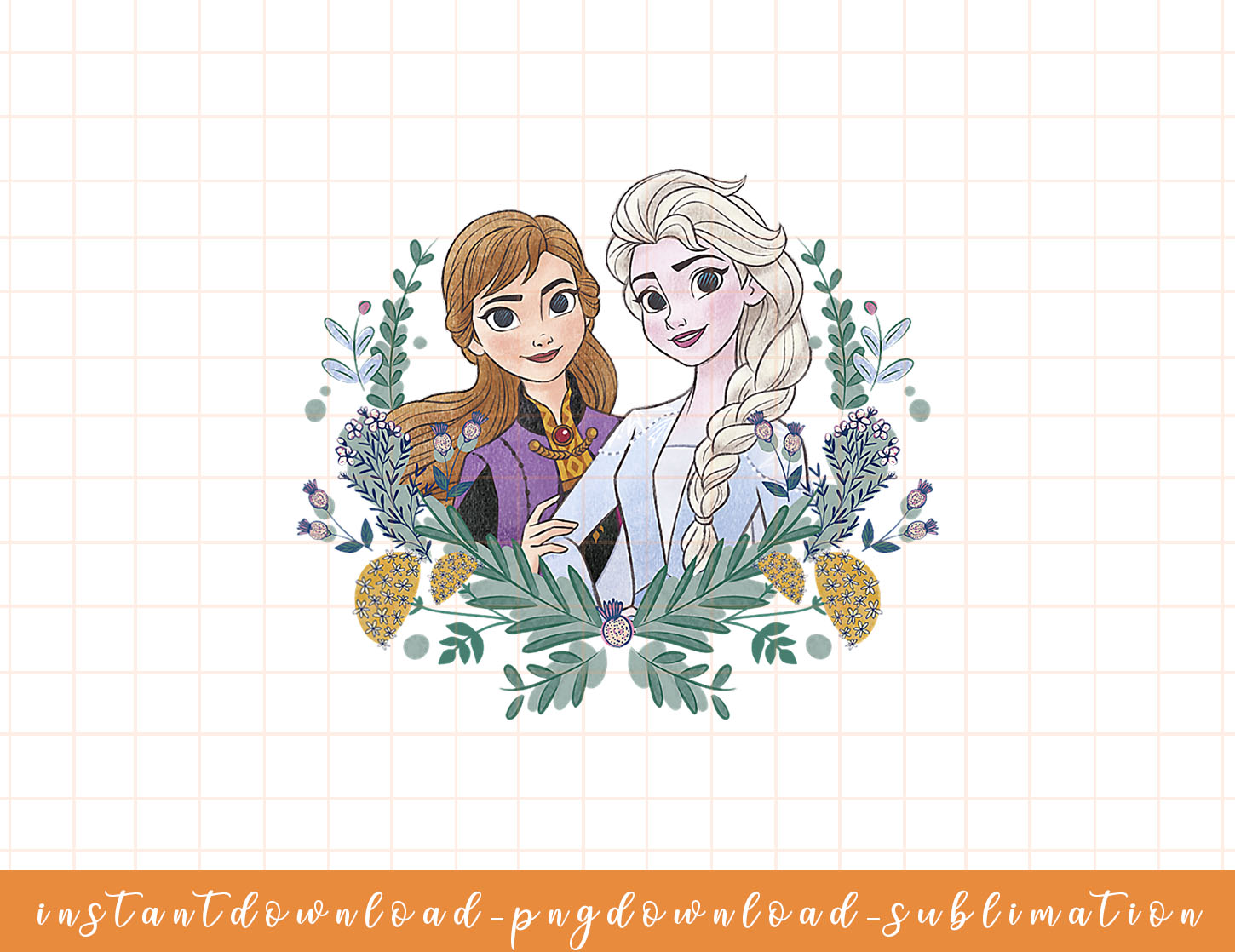 Disney Frozen Anna & Elsa Sisters Floral Portrait png, subli | Inspire ...