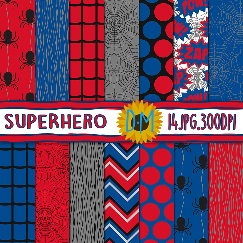 Superhero Digital Paper set, 14 spiderboy seamless patterns | Inspire Uplift