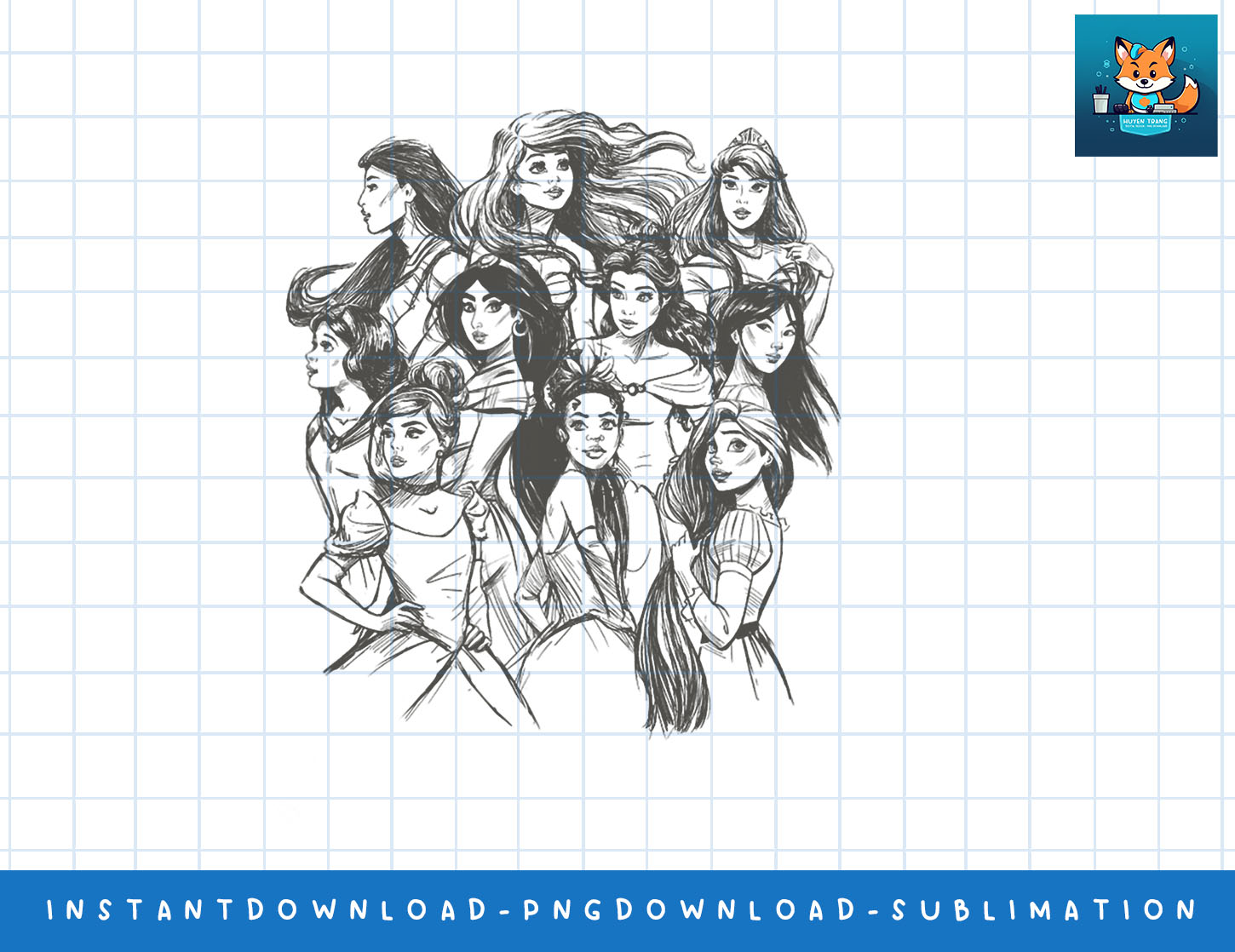 Disney Princess Group Sketch Portraits png, sublimate, digit | Inspire ...