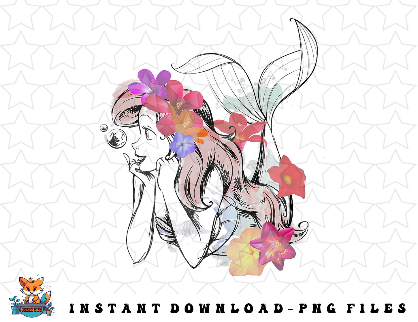 Disney The Little Mermaid Floral Watercolor Outline png, sub - Inspire ...
