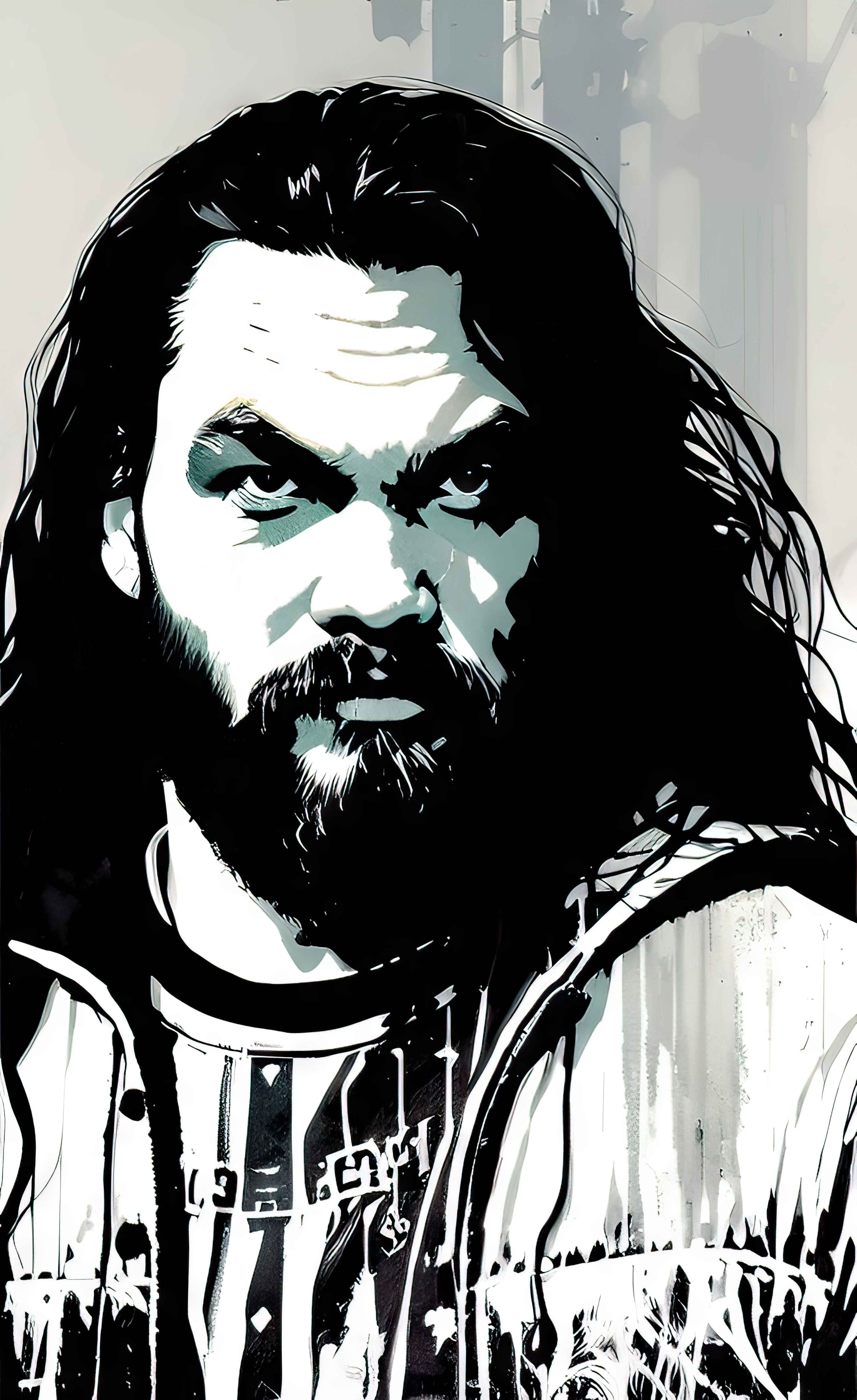 Portrait of Jason Momoa, black and white, ink-bleed style - Inspire Uplift