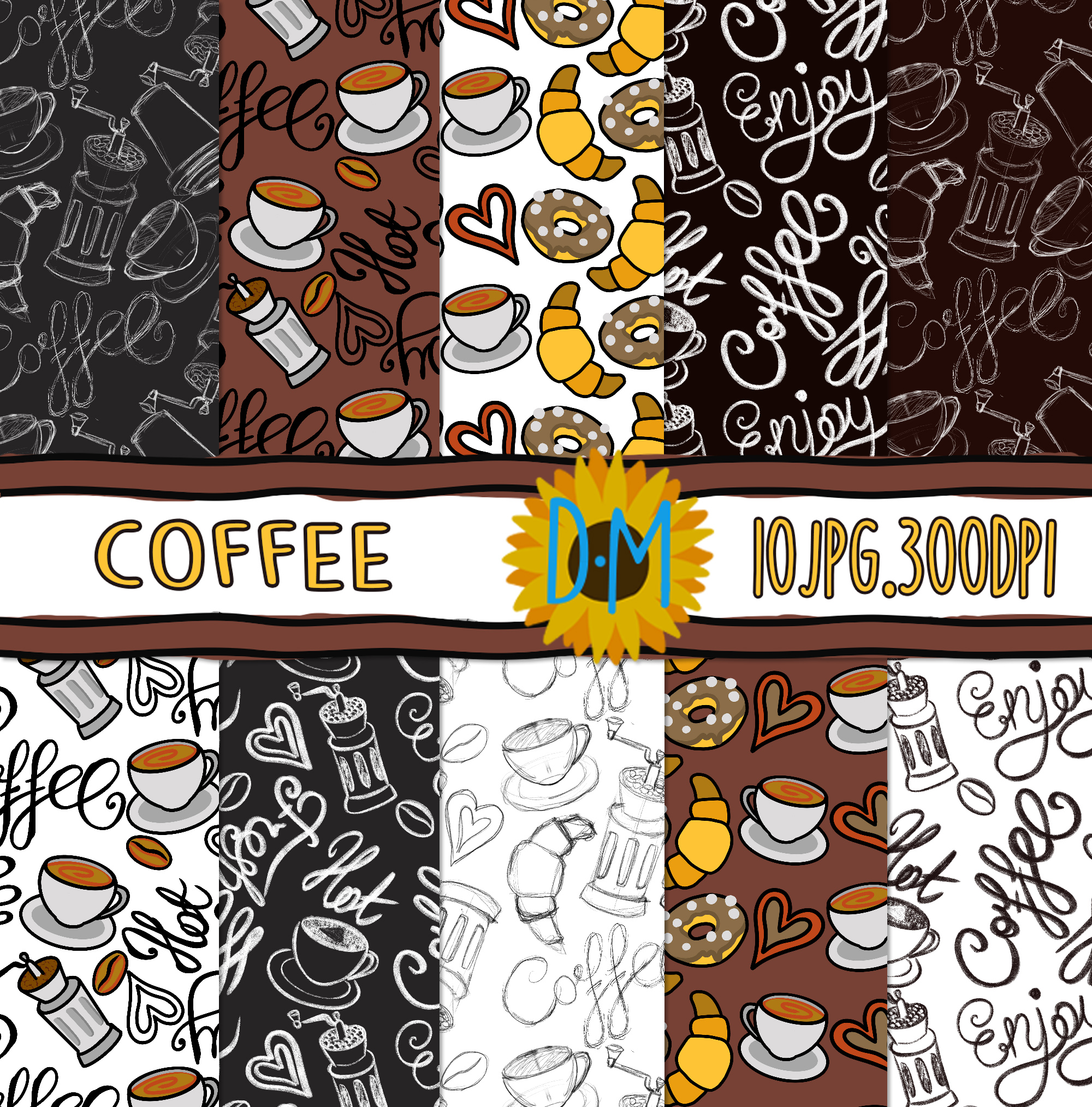 Coffee seamless pattern, Cafe digital paper set | Inspire Uplift