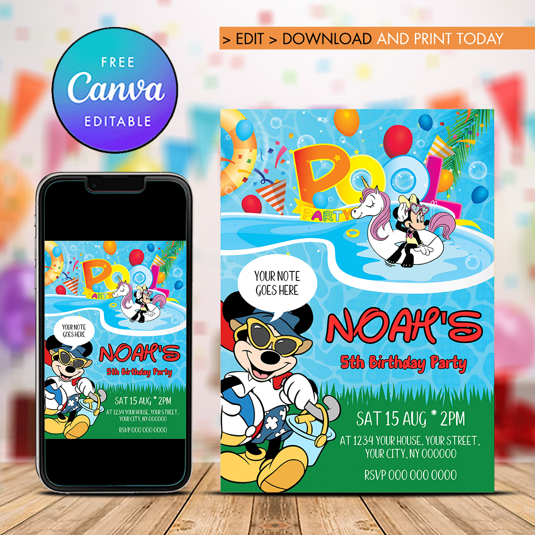 Mickey Mouse Pool Party Birthday Invitation Canva Editable I | Inspire ...