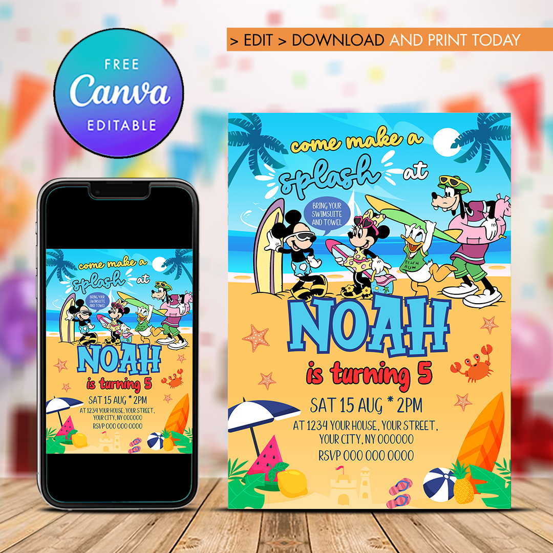 Mickey Mouse Pool Party Birthday Invitation Canva Editable I | Inspire ...
