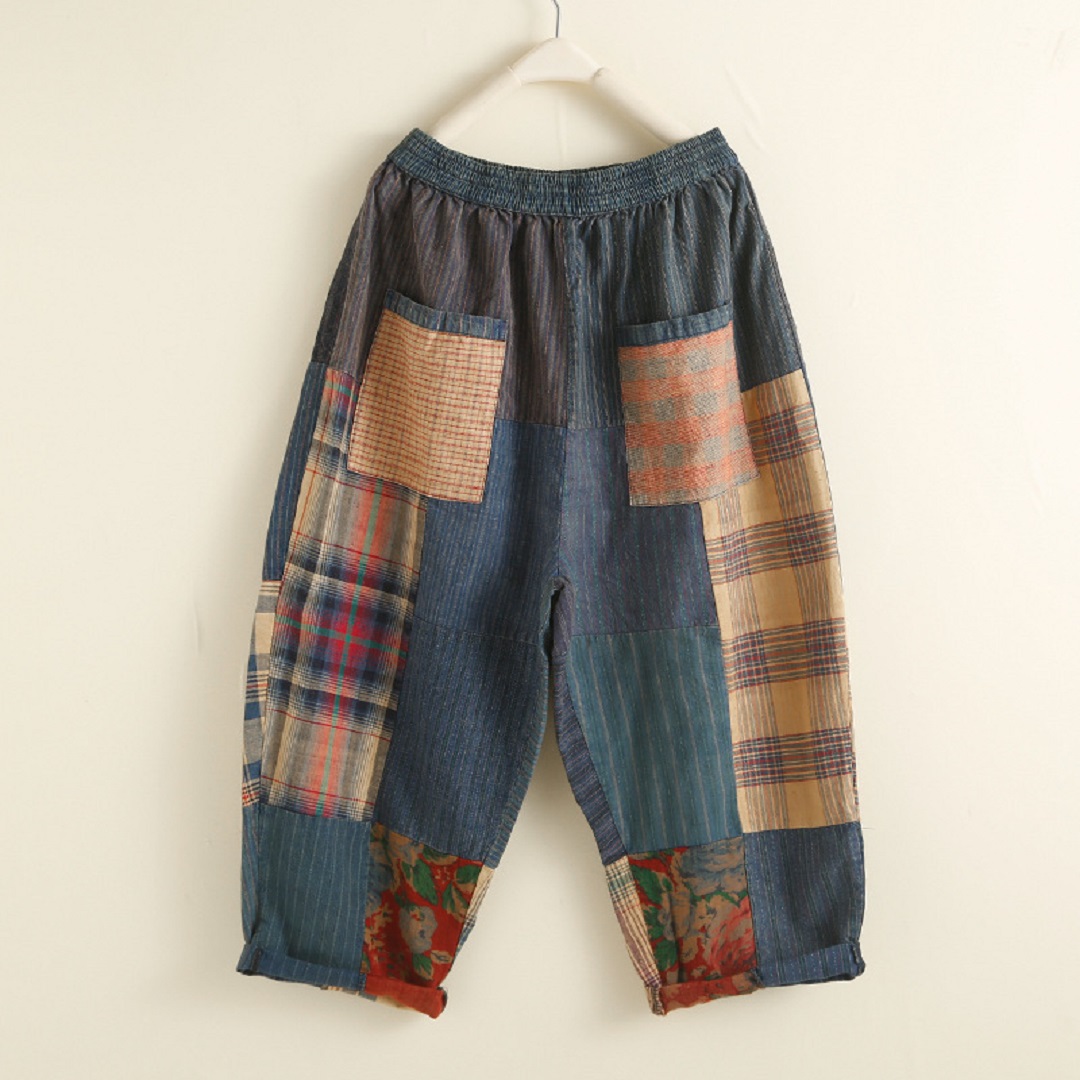 Retro sandwashed old plaid splicing old cloth casual pants h | Inspire ...