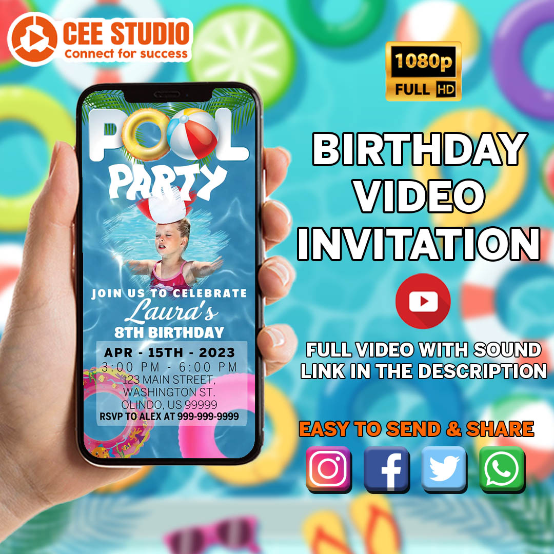 Animated Pool Party Birthday Invitation | Pool Birthday Evit | Inspire ...
