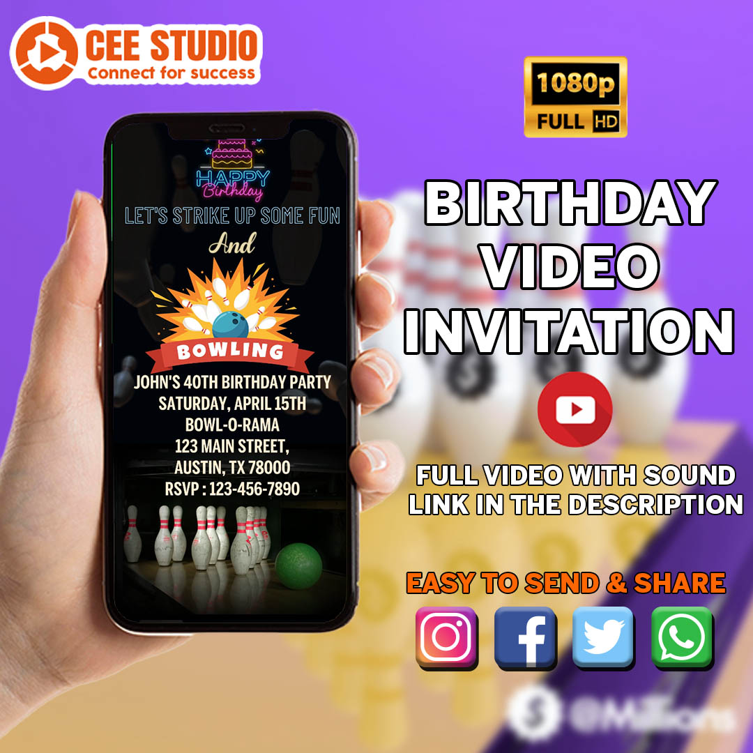 Bowling Party Video Invitation, Editable Bowling Text Invite | Inspire ...