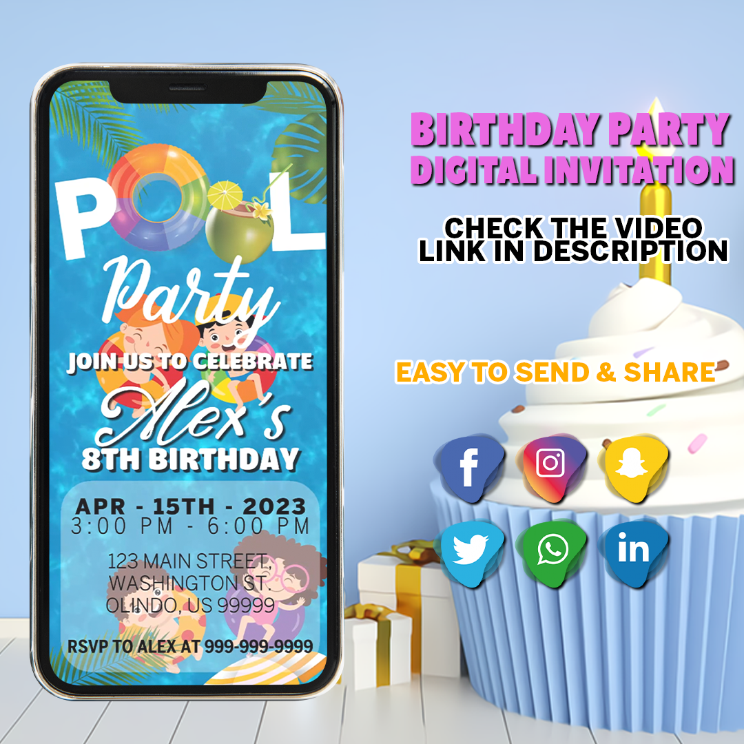 Kids Animated Pool Party Birthday Invitation | Pool Birthday | Inspire ...
