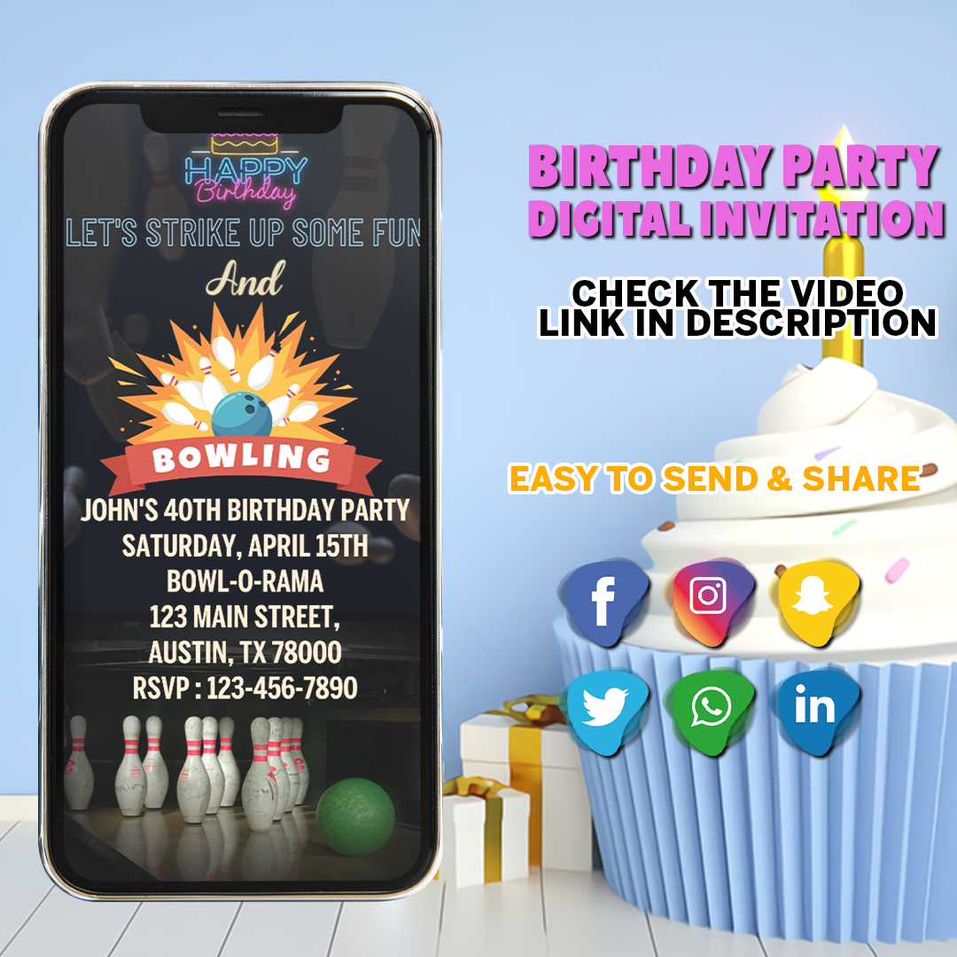 Bowling Party Video Invitation, Editable Bowling Text Invite | Inspire ...