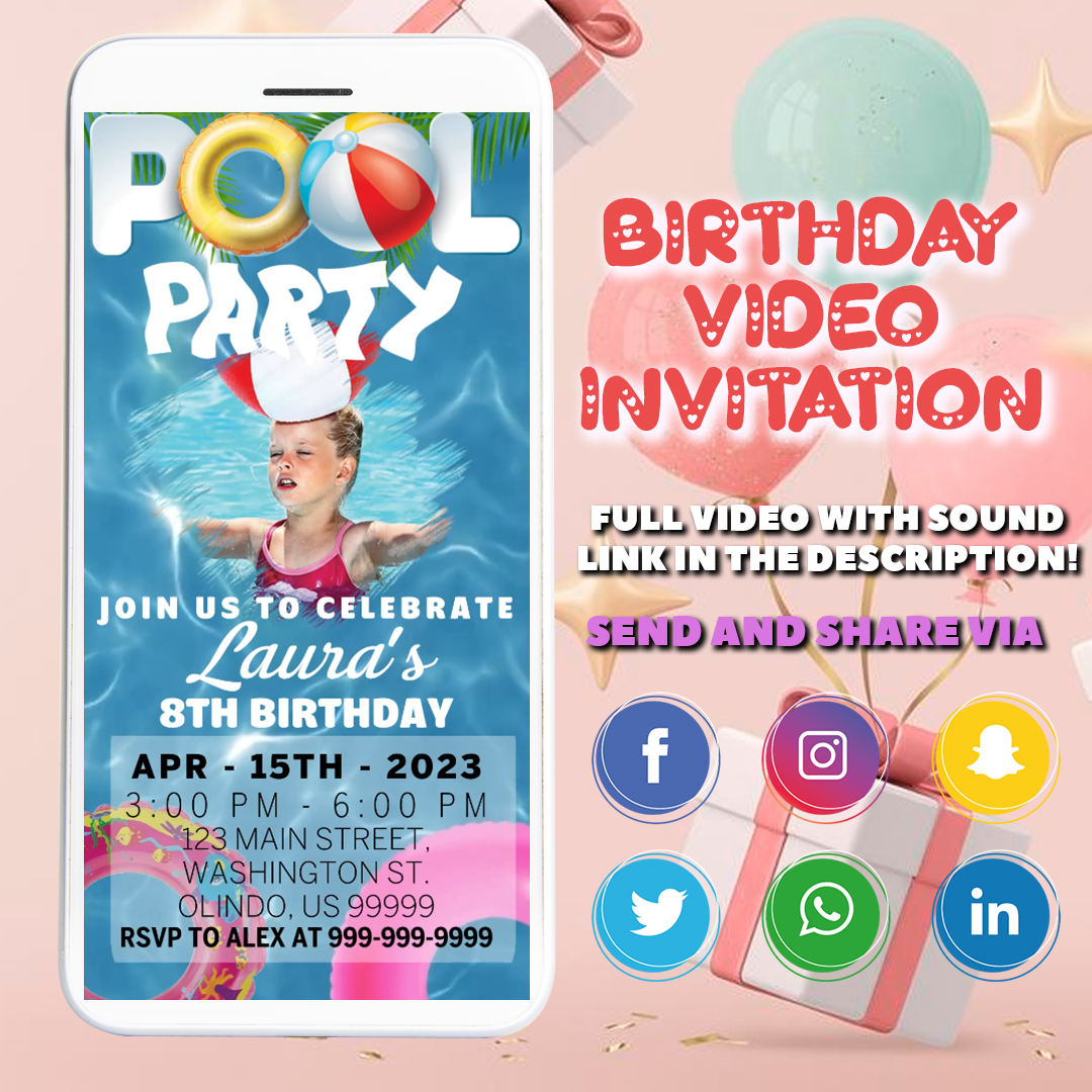 Animated Pool Party Birthday Invitation | Pool Birthday Evit | Inspire ...