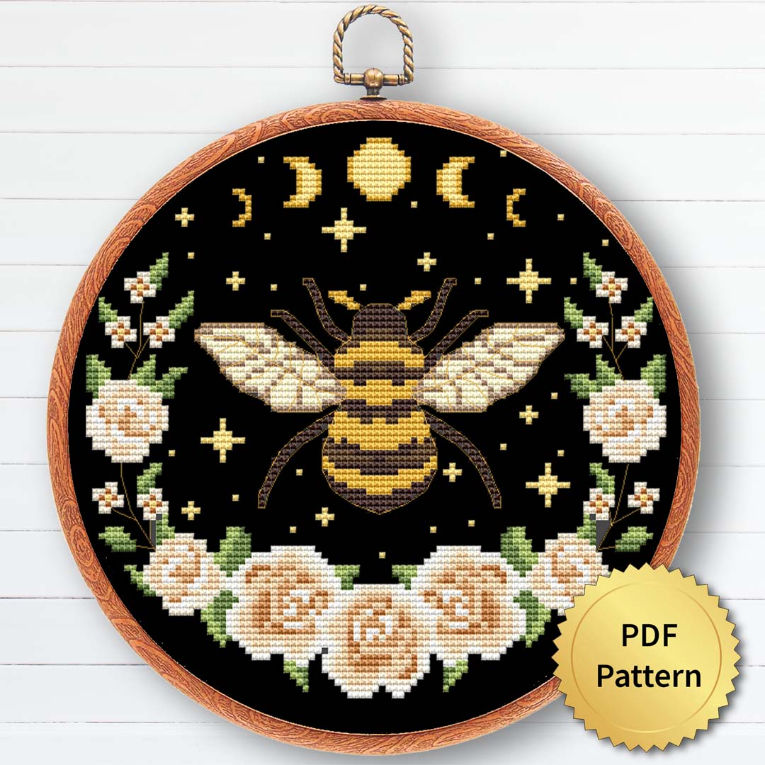 Cottagecore Bee with Flowers and Celestial Moon Cross Stitch - Inspire ...