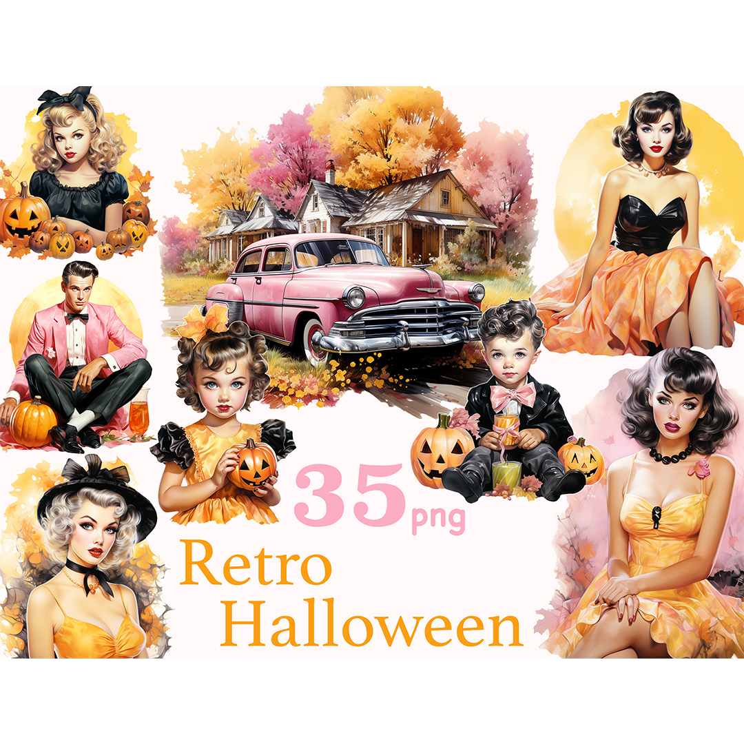 Watercolor Retro Halloween Clipart | Pumpkin Illustation PNG - Inspire ...