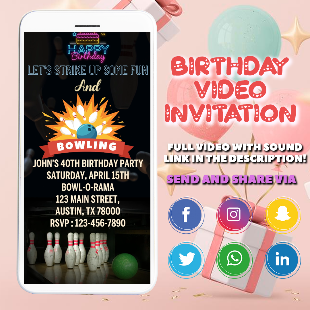 Bowling Party Video Invitation, Editable Bowling Text Invite | Inspire ...