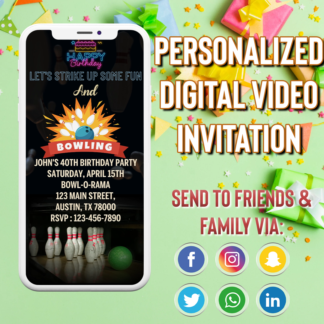 Bowling Party Video Invitation, Editable Bowling Text Invite | Inspire ...