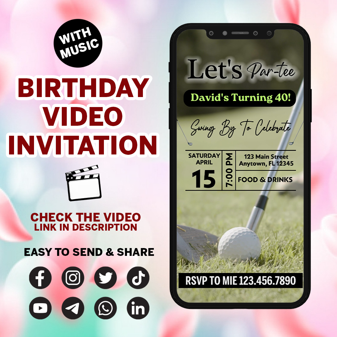 Animated Golf Themed Video Birthday Party Invitation, Simple | Inspire ...