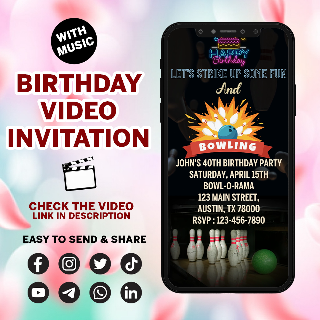 Bowling Party Video Invitation, Editable Bowling Text Invite | Inspire ...