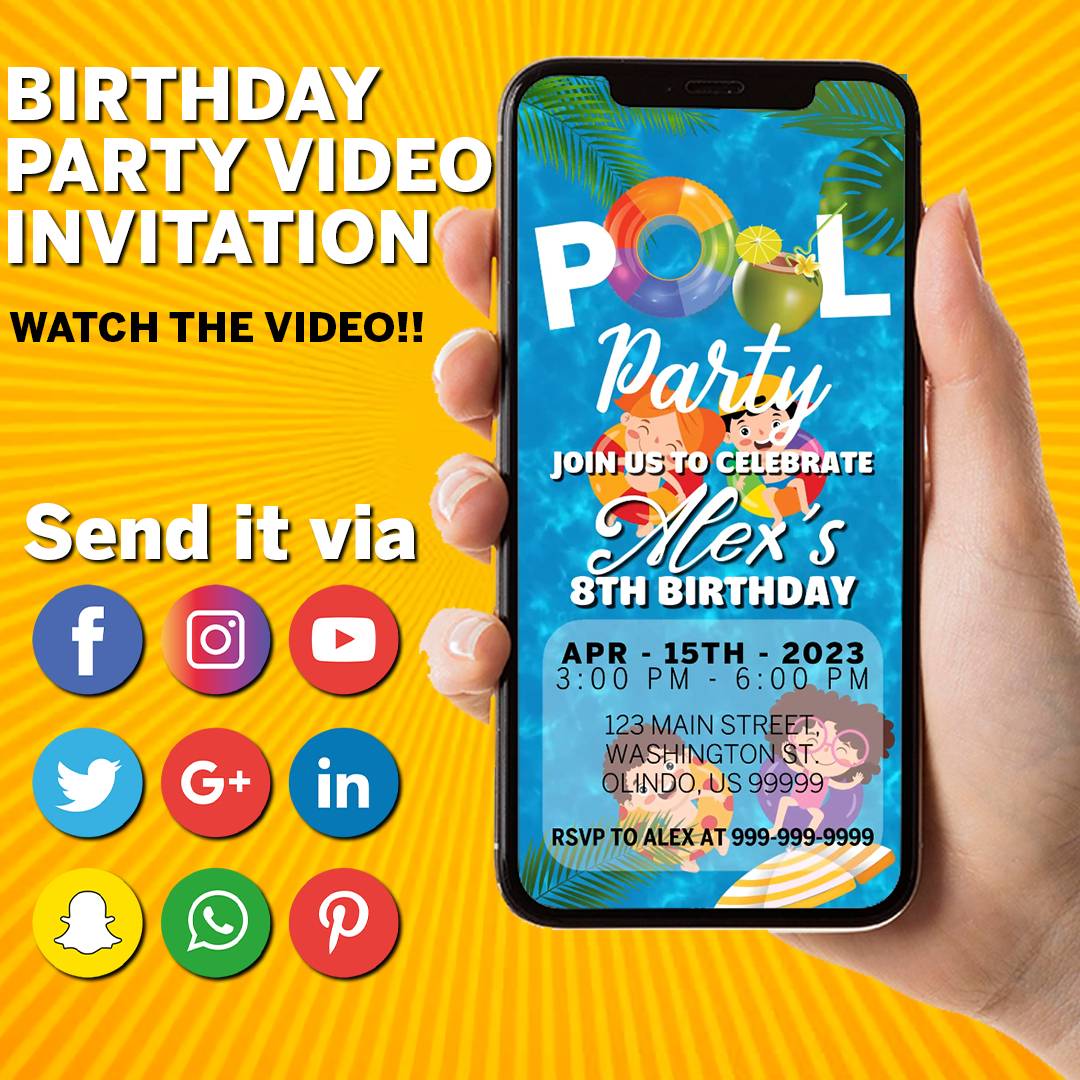 Kids Animated Pool Party Birthday Invitation | Pool Birthday | Inspire ...