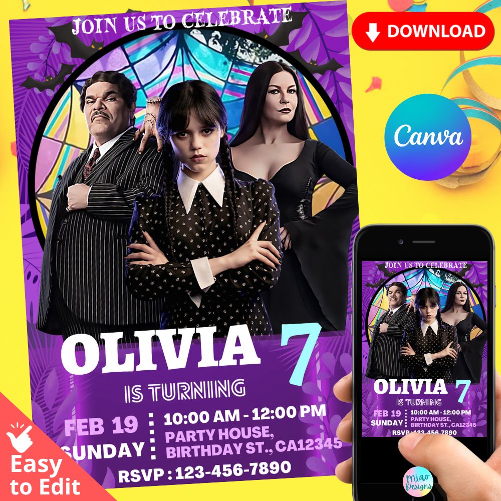 Wednesday Addams family Birthday Invitation Template | Inspire Uplift