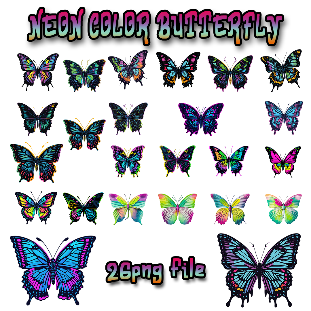 NEON COLOR BATTERFLY Digital file 26 PNG files Sublimation D | Inspire ...