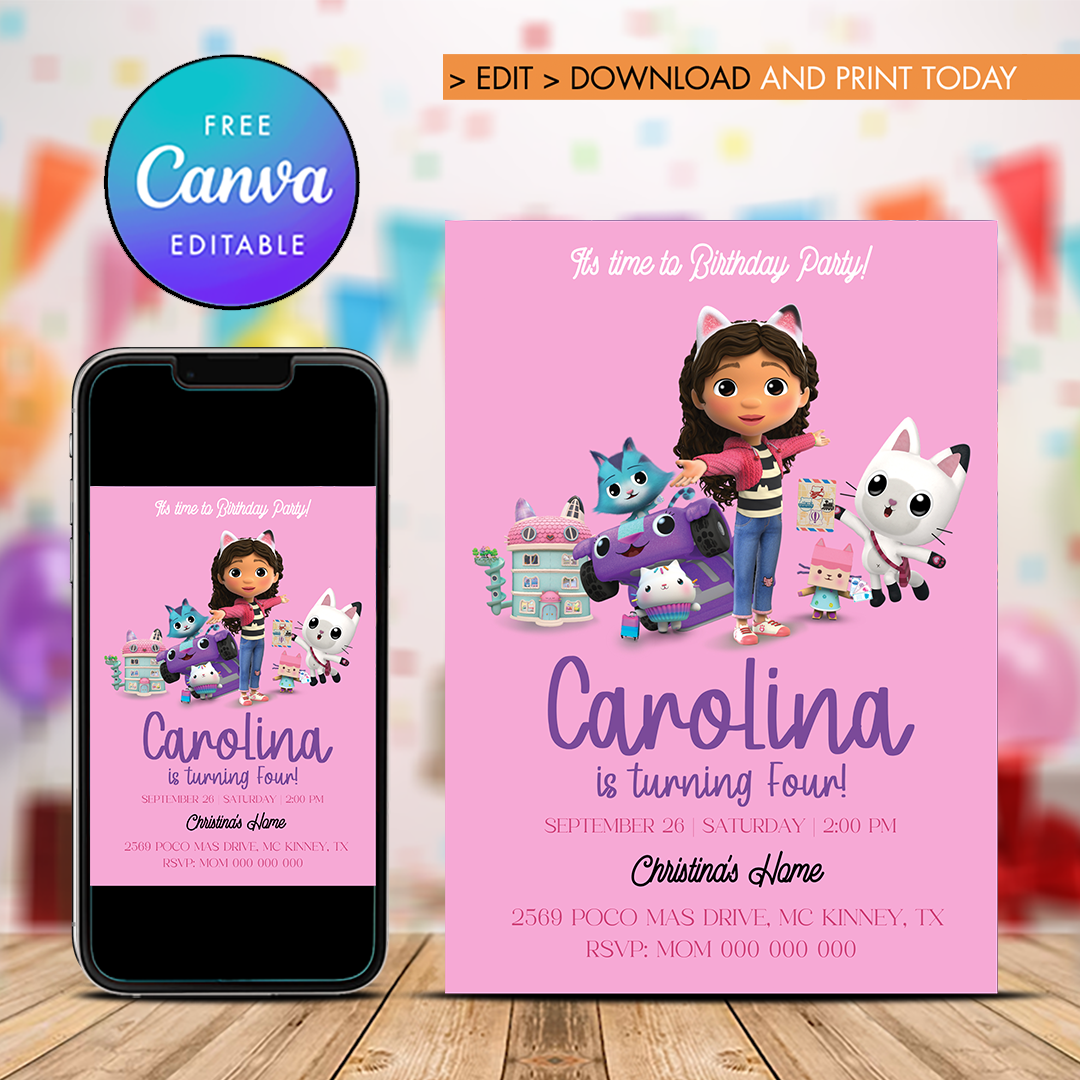 Gabbys Dollhouse Birthday Invitation Girl Editable Template - Inspire ...